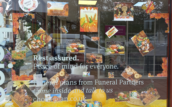 Harvest Festival window display - Steven Mears Funeral Directors